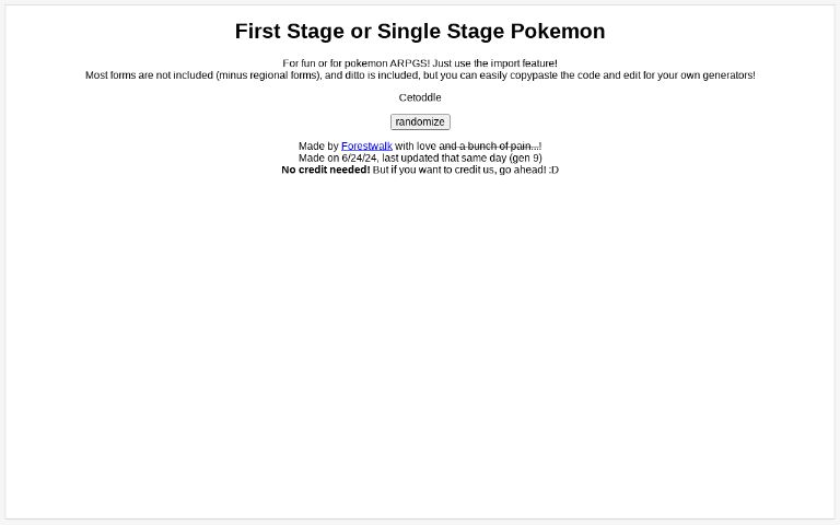 First Stage or Single Stage Pokemon ― Perchance Generator