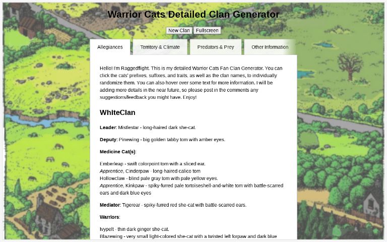 Warrior Cats Detailed Clan Generator