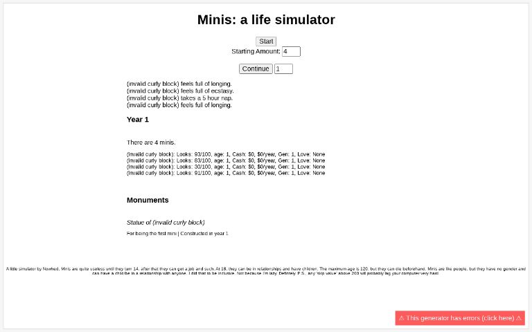 Minis: a life simulator ― Perchance Generator
