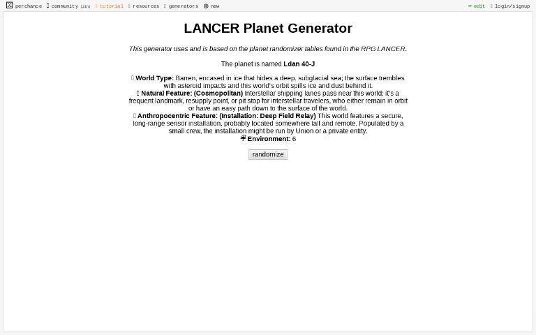 LANCER Planet Generator