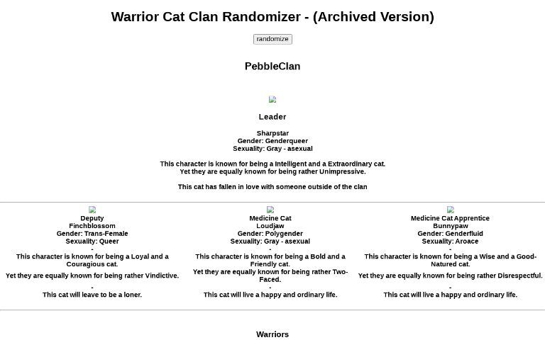 Warrior Cat Clan Randomizer - (Archived Version) ― Perchance Generator