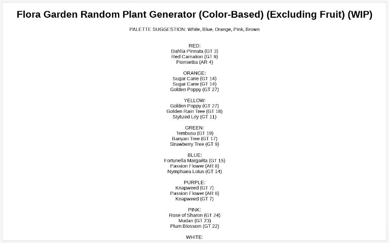Flora Garden Random Plant Generator (Color-Based) (Excluding Fruit) (WIP)