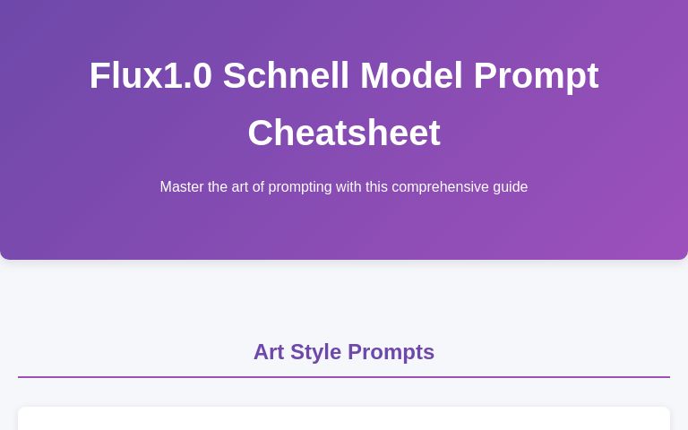 Flux1.0 Schnell Model Prompt Cheatsheet ― Perchance Generator
