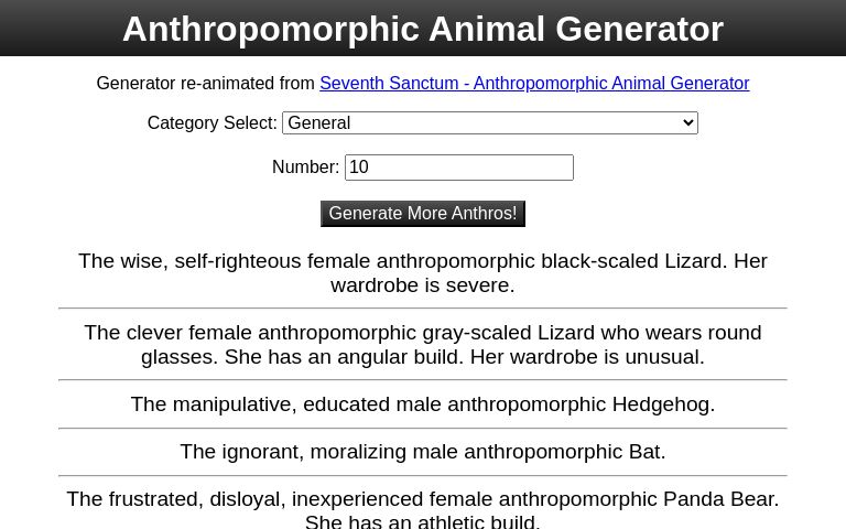 Anthropomorphic Animal Generator - Re-animated from Seventh Sanctum