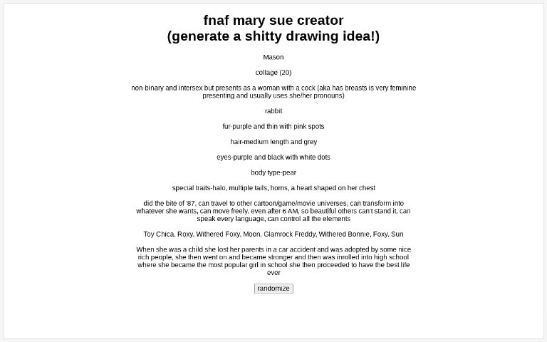 fnaf mary sue creator(generate a shitty drawing idea!)