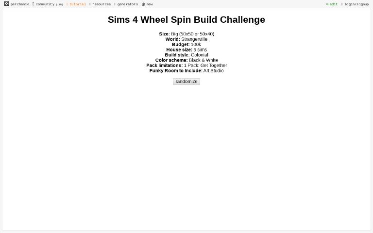 Sims 4 Wheel Spin Build Challenge ― Perchance Generator