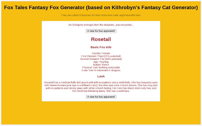 Fox Tales Fantasy Fox Generator (based on Kithrobyn's Fantasy Cat Generator)