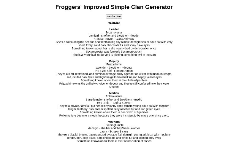 Froggers' Improved Simple Clan Generator