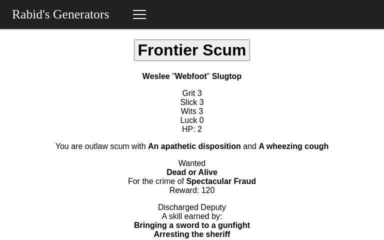 Frontier Scum ― Perchance Generator