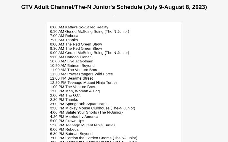 CTV Adult Channel/The-N Junior's Schedule (July 9-August 8, 2023 ...