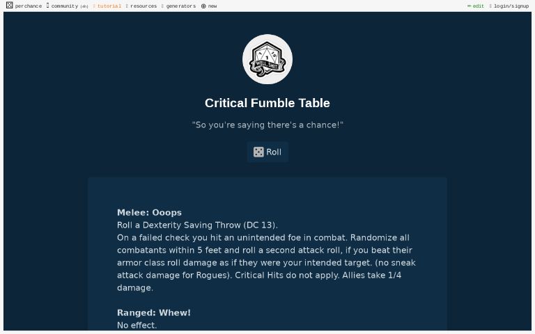 Critical Fumble Table ― Perchance Generator