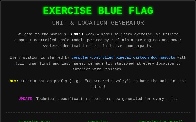 EXERCISE BLUE FLAG ― Perchance Generator
