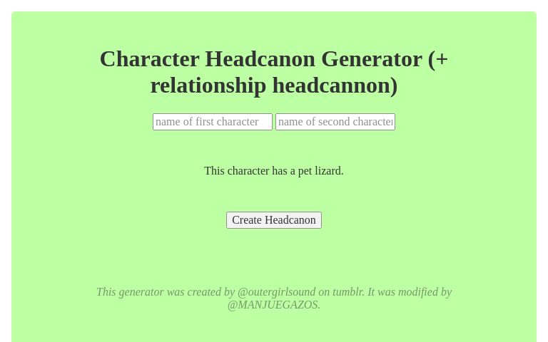 Character Headcanon Generator (+ relationship headcannon)