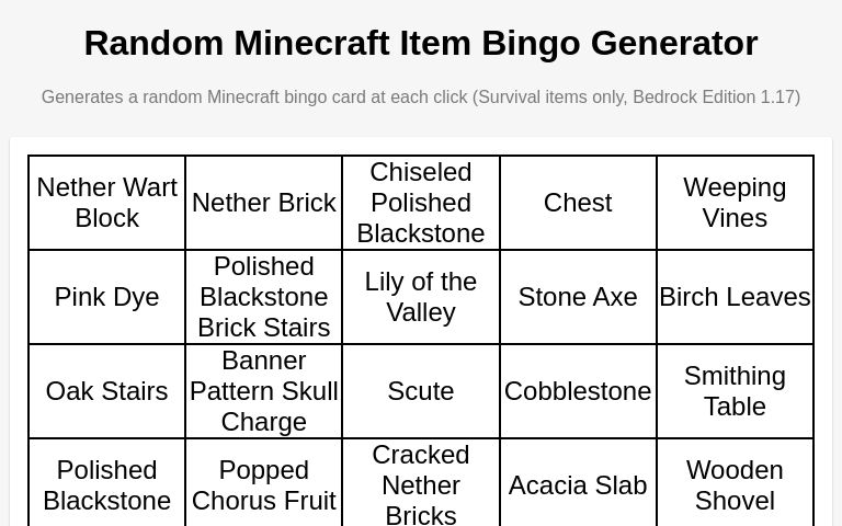 Random Minecraft Item Bingo Generator