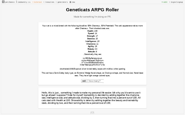 Geneticats ARPG Roller ― Perchance Generator
