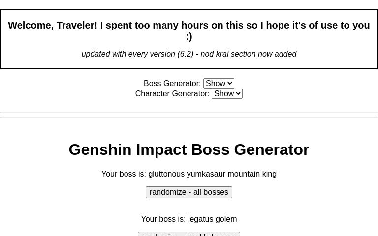 Genshin Impact Boss + Character Generator (updated 6.0)