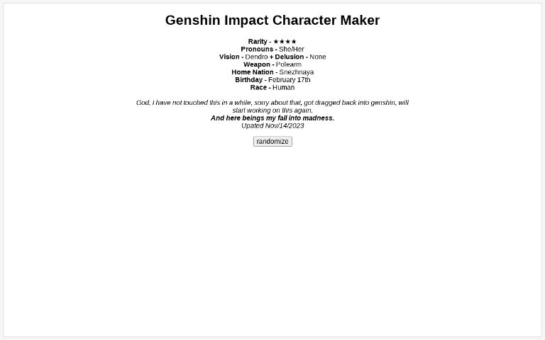 Genshin Impact Character Maker ― Perchance Generator
