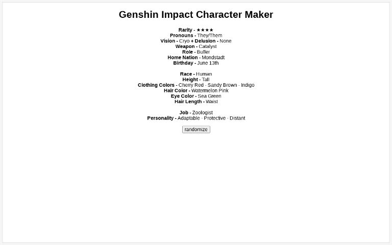 Genshin Impact Character Maker ― Perchance Generator