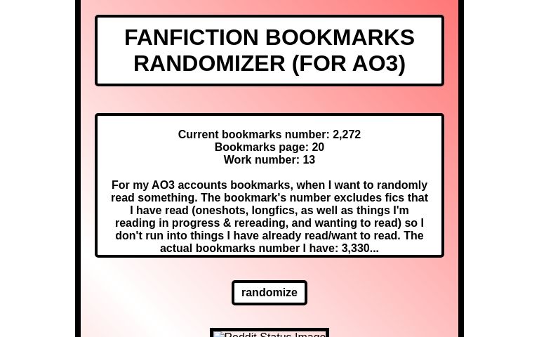 FANFICTION BOOKMARKS RANDOMIZER (FOR AO3) ― Perchance Generator