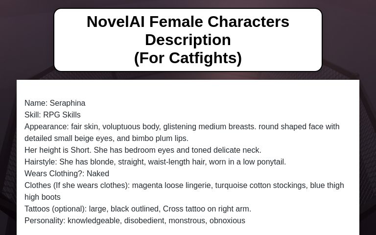 NovelAI Female Characters Description (For Catfights) ― Perchance Generator