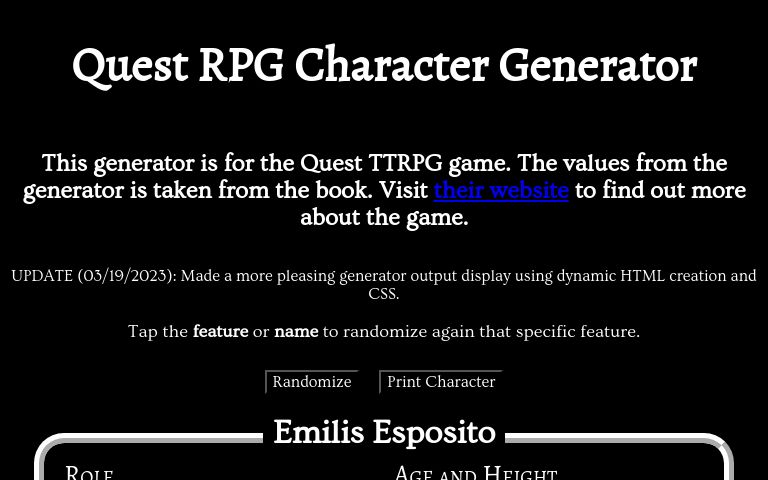 Quest RPG Character Generator