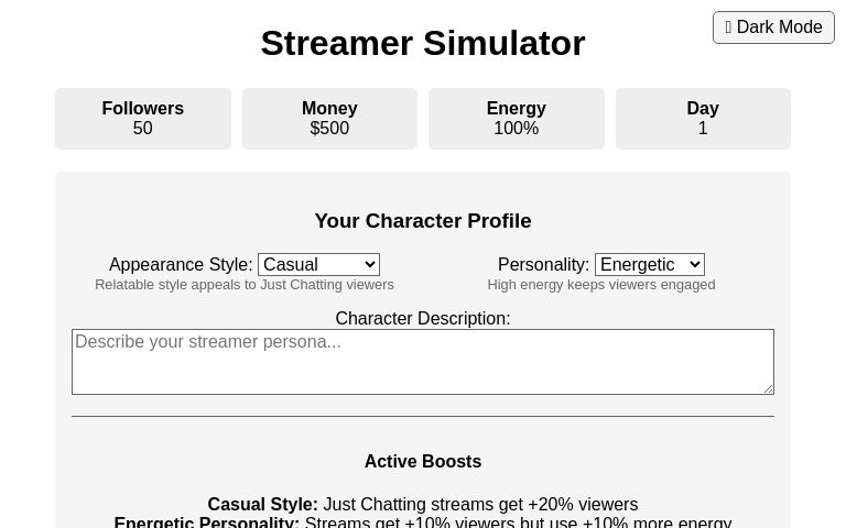 Streamer Simulator ― Perchance Generator