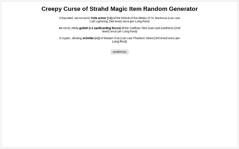 Creepy Curse of Strahd Magic Item Random Generator