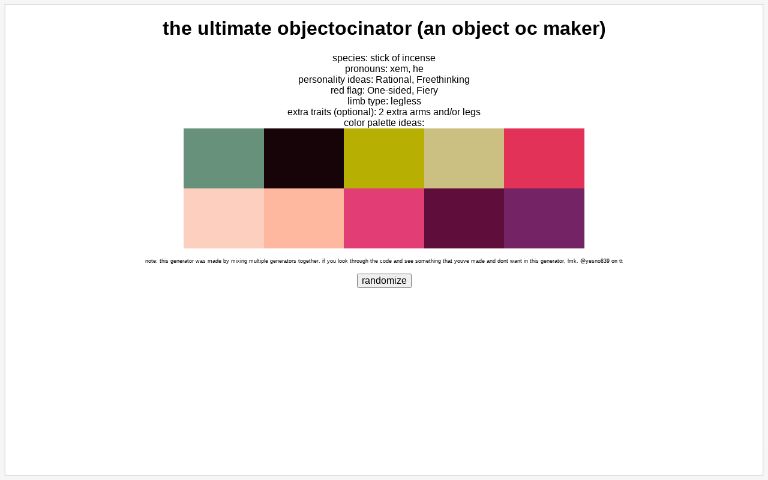 the ultimate objectocinator (an object oc maker) ― Perchance Generator