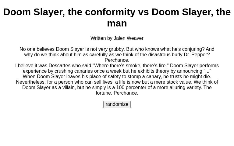 Doom Slayer, the attraction vs Doom Slayer, the man ― Perchance Generator