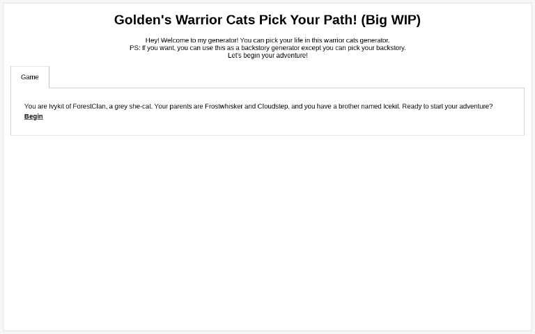 Golden's Warrior Cats Pick Your Path! (Big WIP) ― Perchance Generator