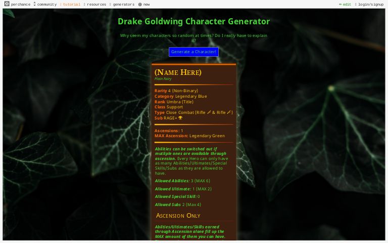 Drake Goldwing Character Generator