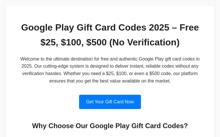 Google Play Gift Card Codes 2025 – Free $25, $100, $500 (No Verification) ― Perchance Generator