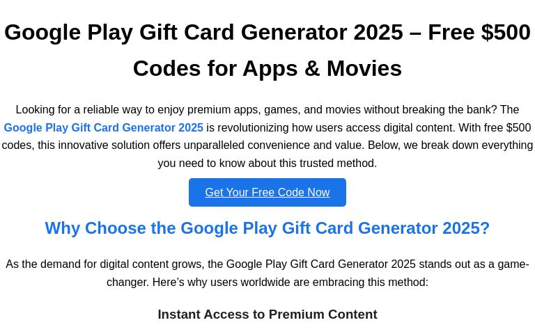 Google Play Gift Card Generator 2025 – Free $500 Codes for Apps & Movies