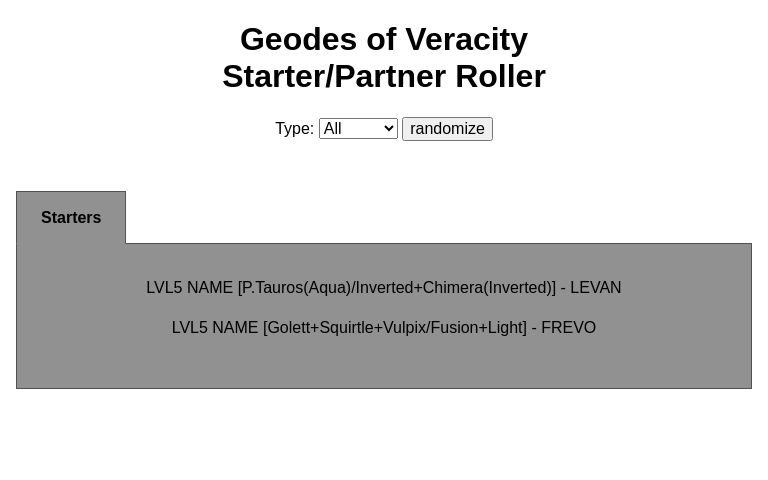 Geodes of Veracity Starter/Partner Roller ― Perchance Generator