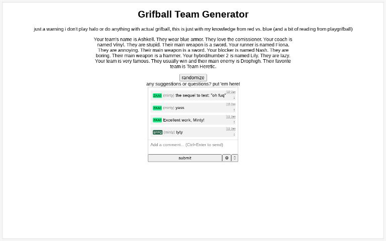 Grifball Team Generator