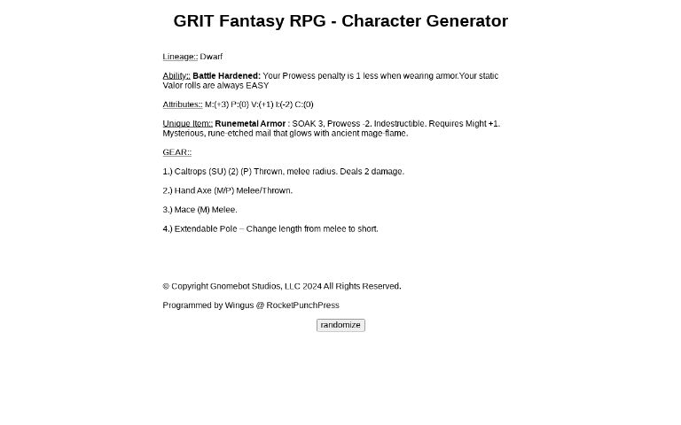 GRIT Fantasy RPG - Character Generator