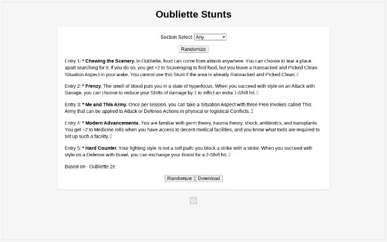 Oubliette Stunts ― Perchance Generator