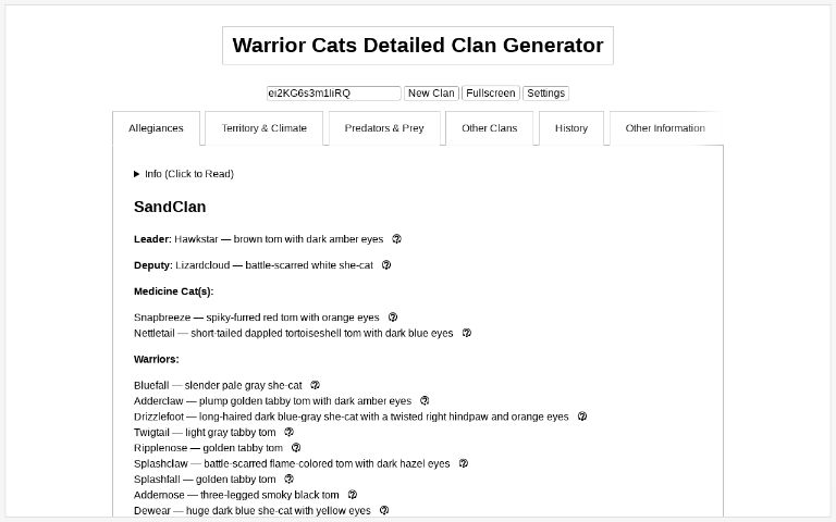 Warrior Cats Detailed Clan Generator