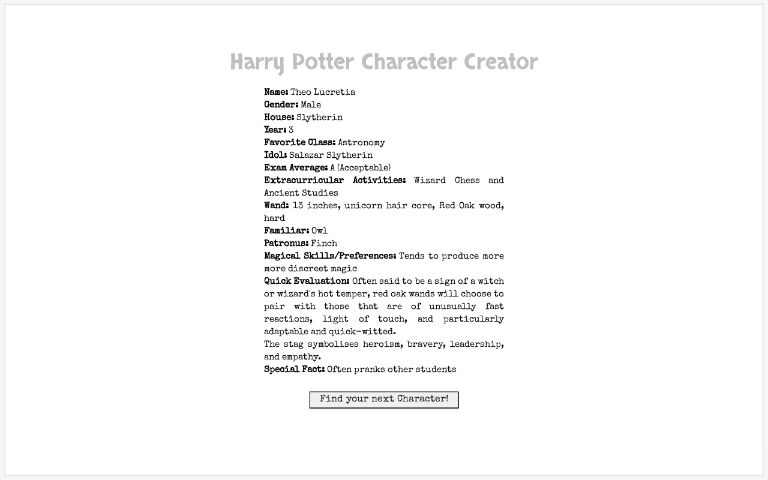 Harry Potter Character Creator ― Perchance Generator