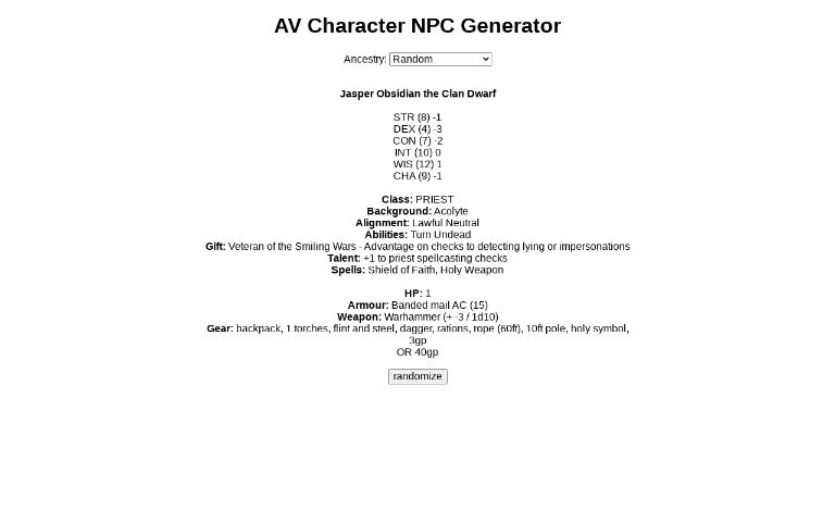 AV Character NPC Generator