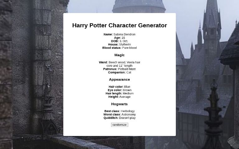 Harry Potter Character Generator
