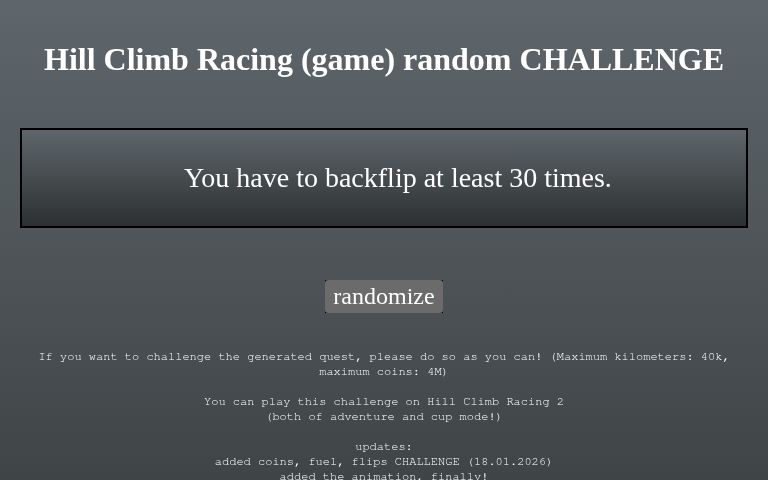 Hill Climb Racing (game) random CHALLENGE ― Perchance Generator