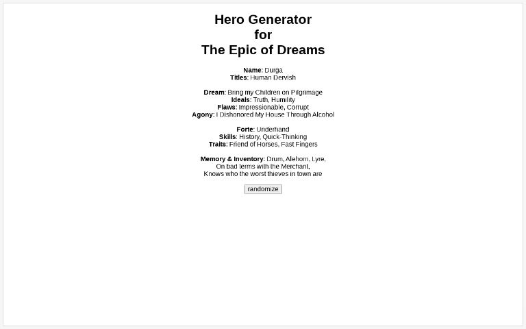 Hero Generator for The Epic of Dreams