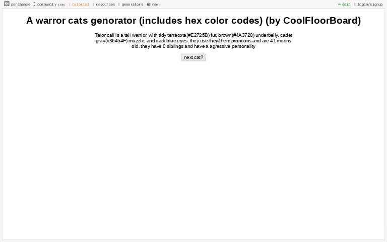 A warror cats genorator (includes hex color codes) (by CoolFloorBoard) ― Perchance Generator