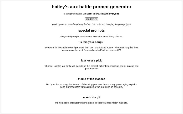 hailey's aux battle prompt generator