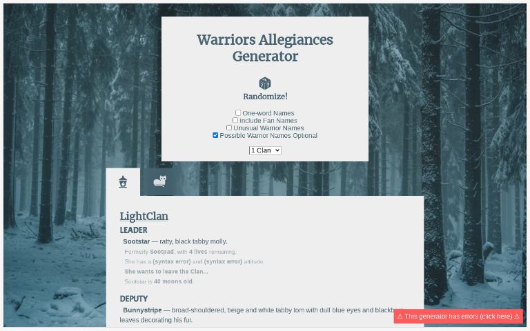 Warriors Allegiances Generator