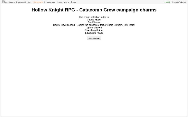 Hollow Knight RPG - Catacomb Crew campaign charms ― Perchance Generator