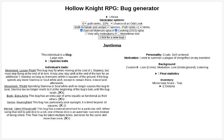 Hollow Knight RPG: Bug generator