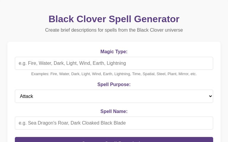 Black Clover Spell Generator