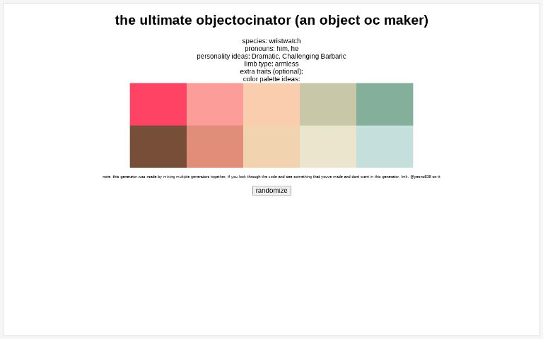 the ultimate objectocinator (an object oc maker) ― Perchance Generator
